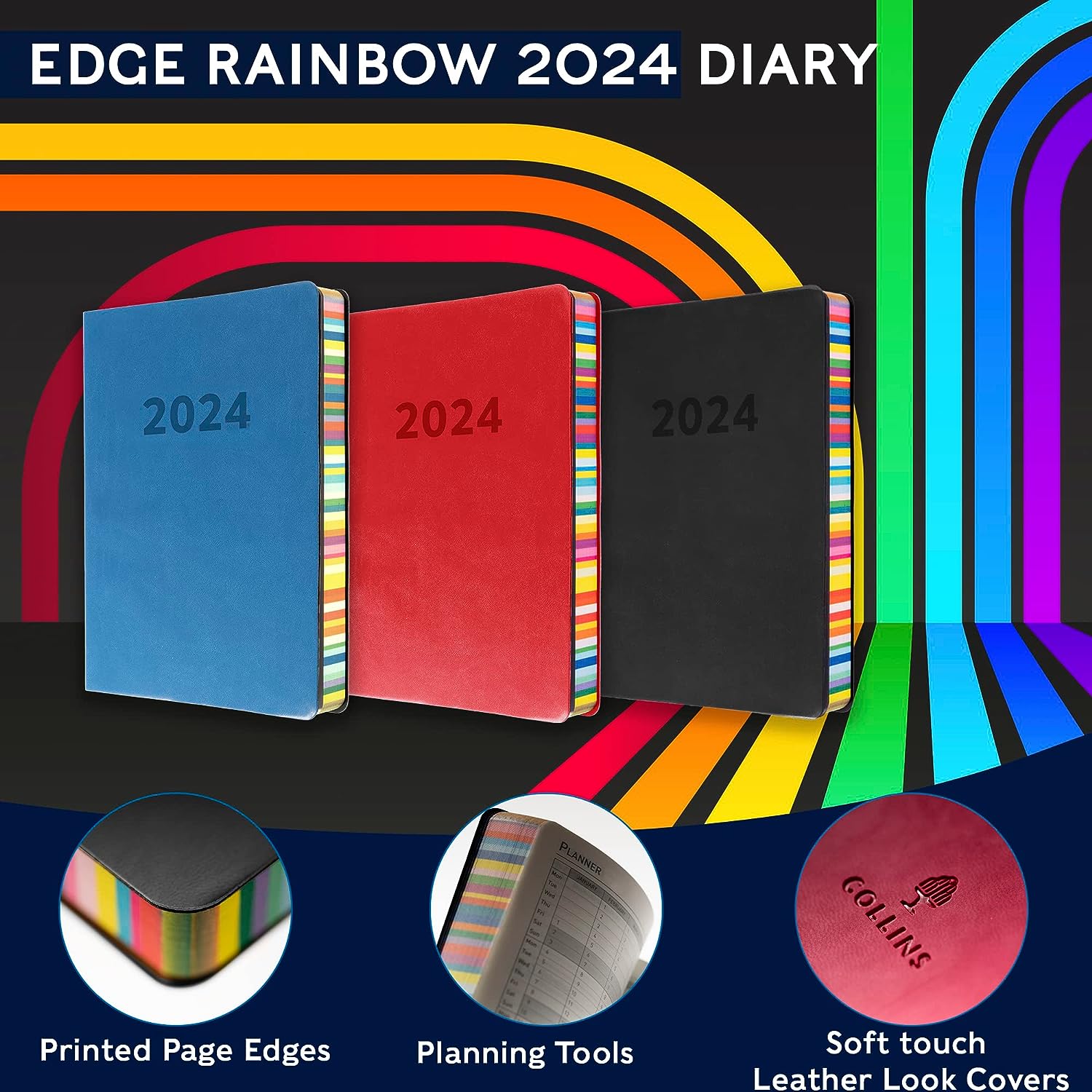 Collins Edge Rainbow: 2024 Diary - Week to a View, Size A5 - Charcoal ...