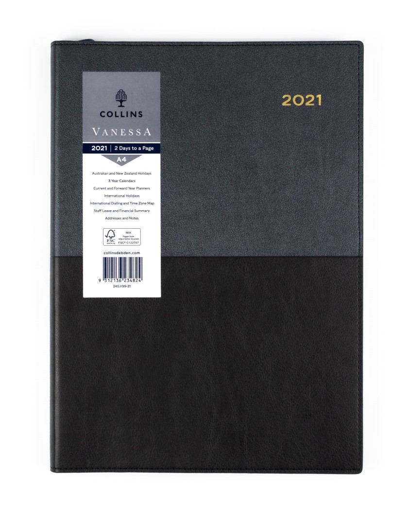 Collins Vanessa - 2021 Calendar Year Diary - A4 2 Days to Page - Black ...