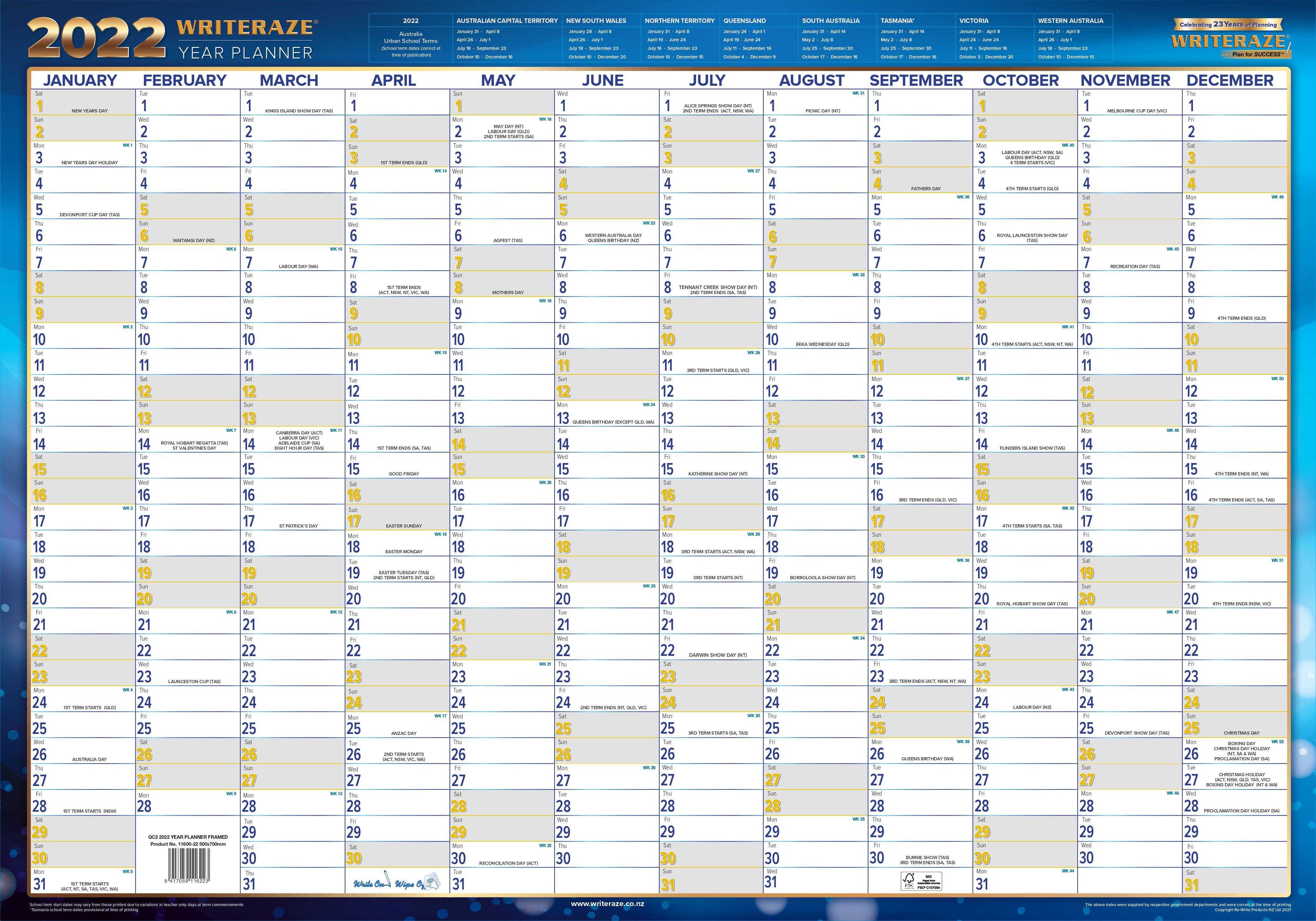 Writeraze QC2 Laminated Executive Year Planner - 2022 - 500 x 700mm ...