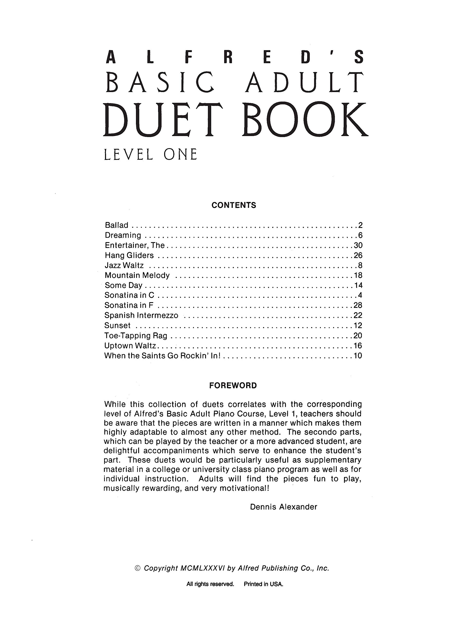 Alfred's Basic Adult Piano Course Duet Book - Level 1, Alfred's Basic ...