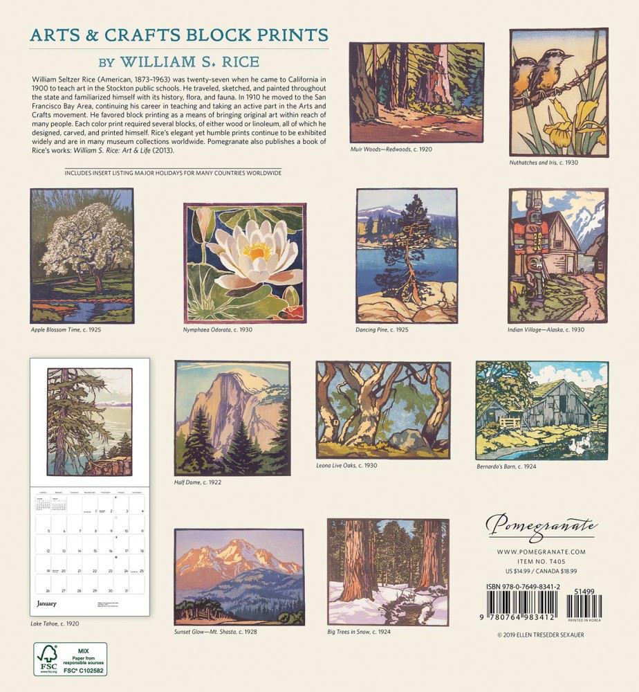 2020 William. S. Rice Arts & Crafts Block Prints Wall Calendar by ...