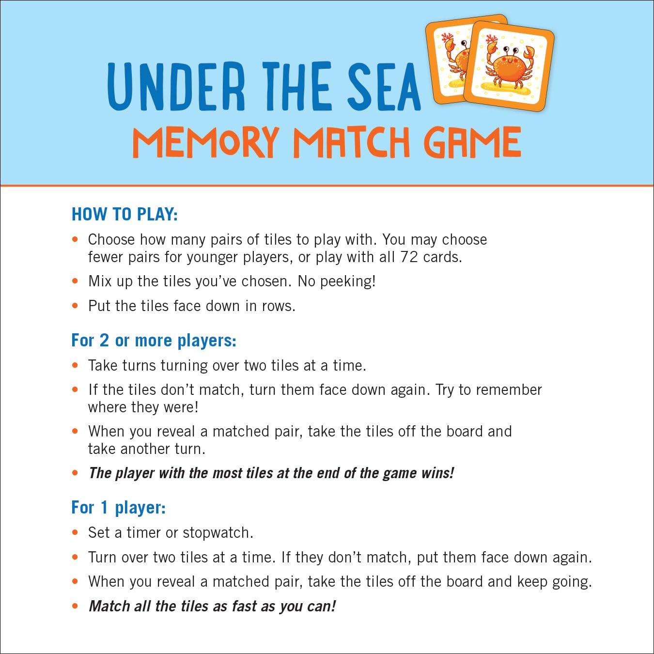 Under the Sea Memory Match Game (Set of 72 Cards) by Peter Pauper Press ...