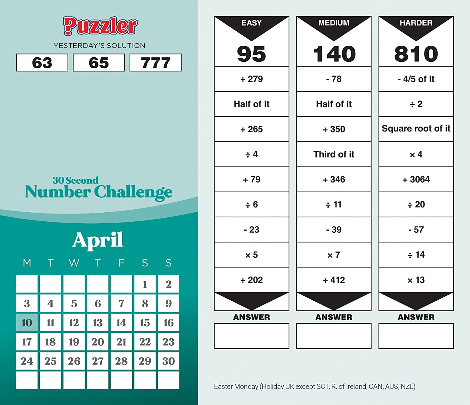 30 Second Number Challenge - 2023 Daily Desk Calendar by Puzzler ...