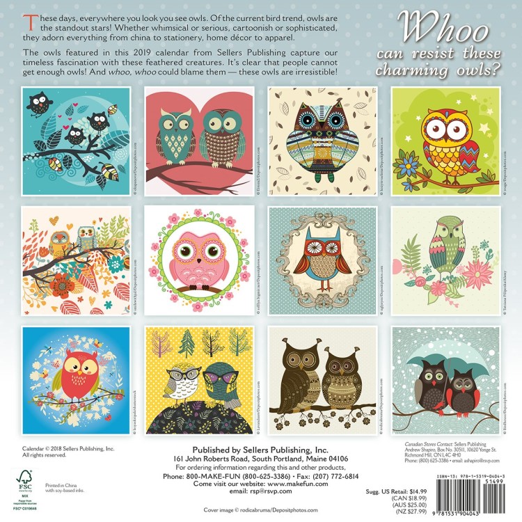 Simply Owls 16-Month 2019 Square Wall Calendar, 2019 Wall Calendar by ...