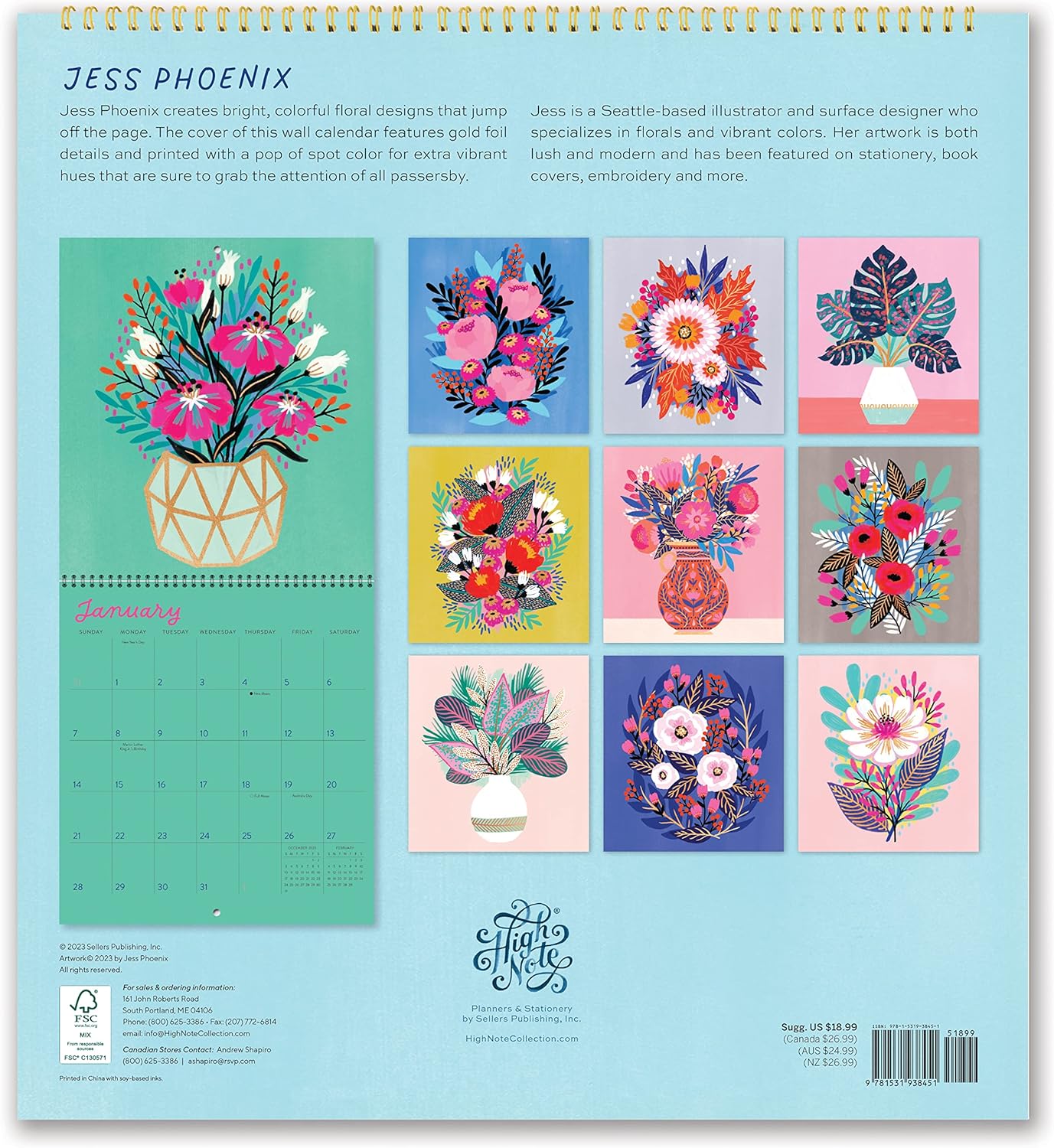 Jess Phoenix: Floral Pop - 2024 Wall Calendar, Horizontal Designer Wall ...