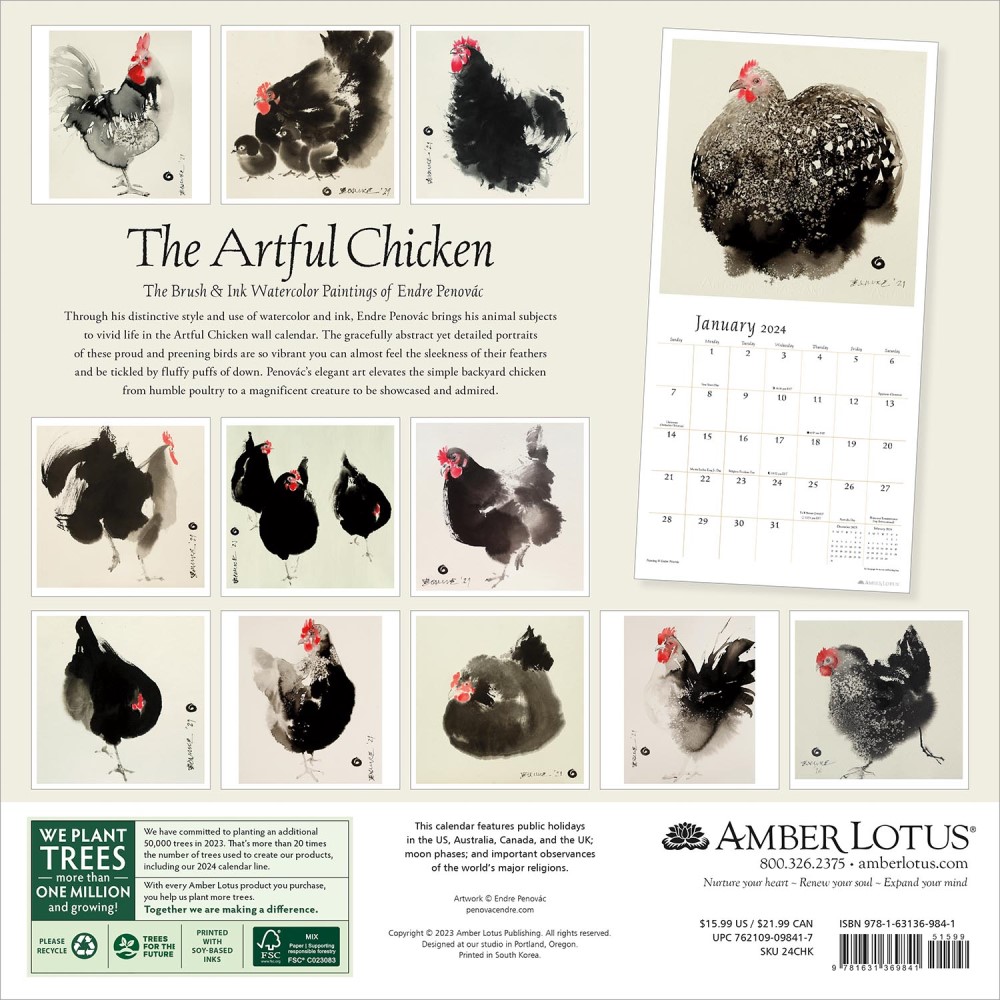 The Artful Chicken - 2024 Wall Calendar, Brush & Ink Watercolor ...